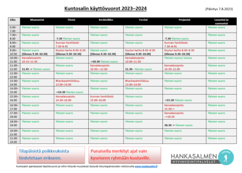 Kuntosalin käyttövuorot | Hankasalmen kunta